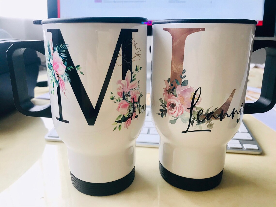 Personalised Travel Mug ,any Name, Floral Alphabet Travel Mug , Double ...
