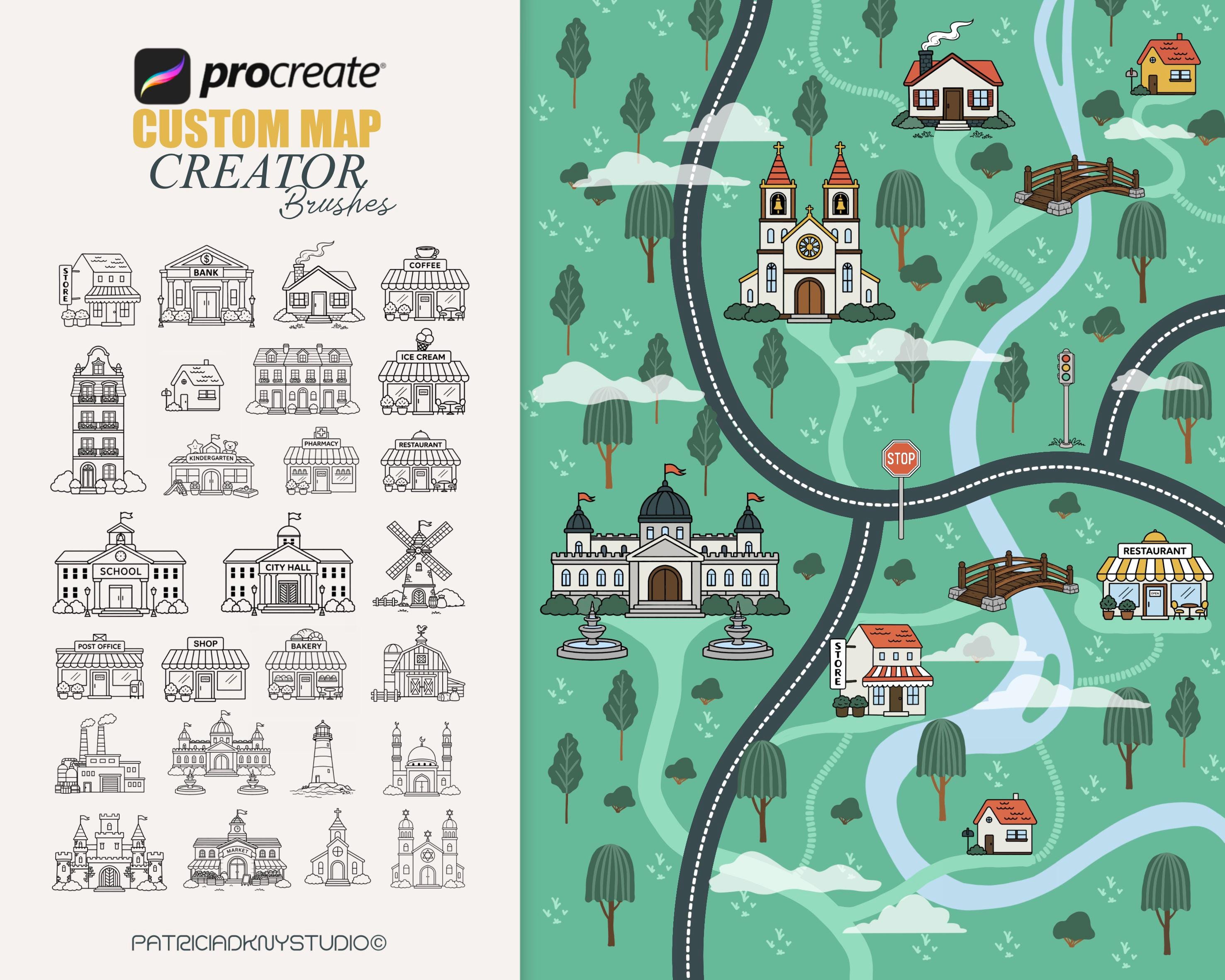 Procreate Map Creator, Cute Little Town Illustration, Fantasy Stamp ...