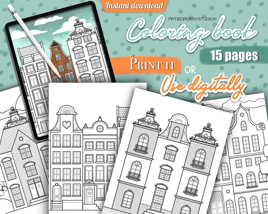 Coloring Book, Coloring Pages for Adults, Small Town Digital Coloring ...
