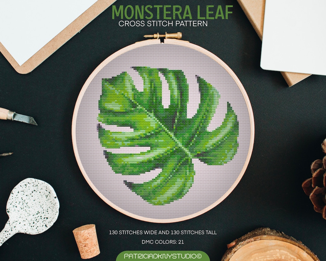 Monstera Leaf Cross Stitch Patterns PDF, Floral Embroidery, Monstera ...