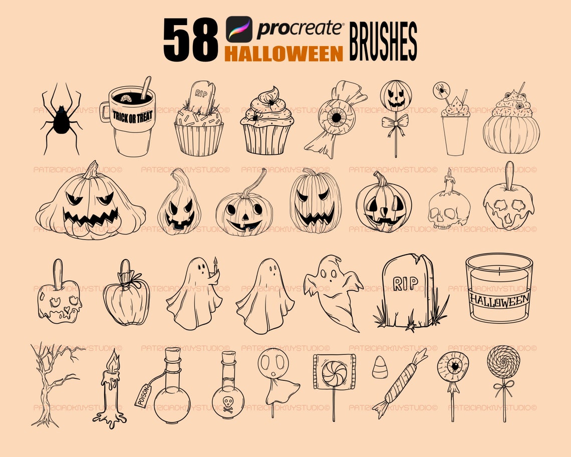 Halloween Procreate Brushes, Halloween Pumpkin Stamps, Spooky Procreate ...
