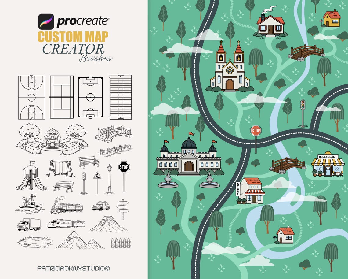 Procreate Map Creator, Cute Little Town Illustration, Fantasy Stamp ...