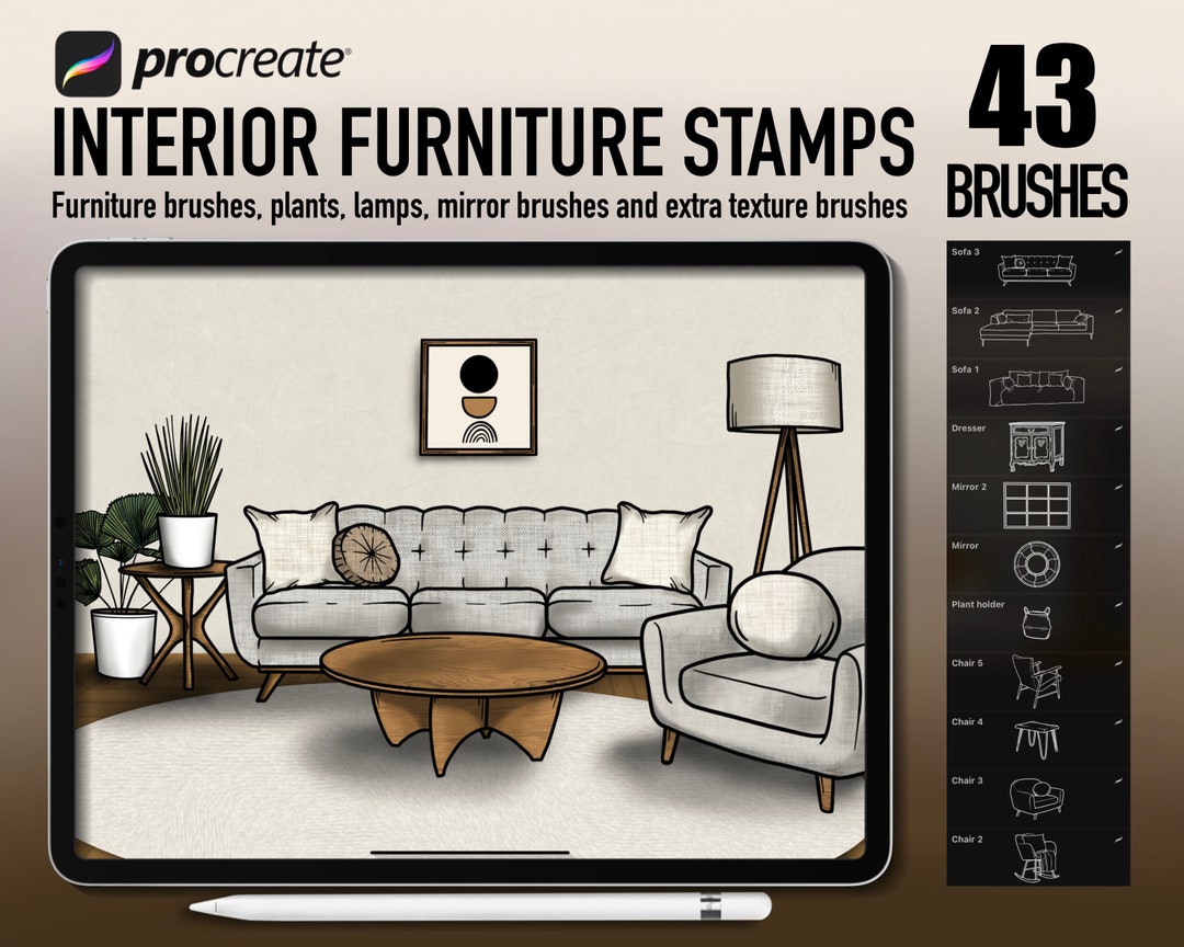 Procreate Interior Furniture Stamps, Living Room Creator, Interior Lineart Brushes, Furniture ...