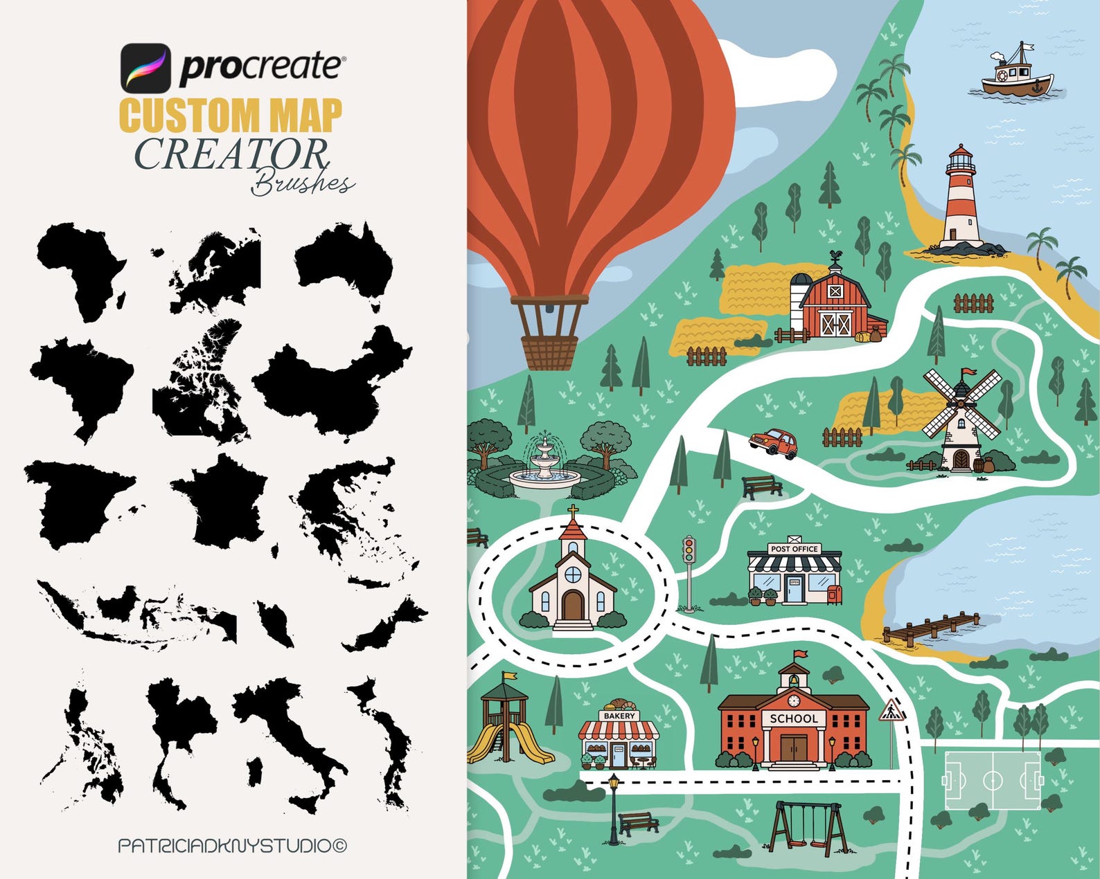 Procreate Map Creator, Cute Little Town Illustration, Fantasy Stamp ...