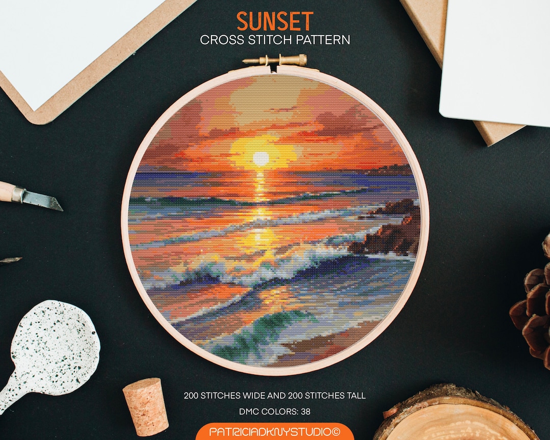 Sunset Cross Stitch Patterns PDF, Summer Ocean Sunrise Embroidery ...