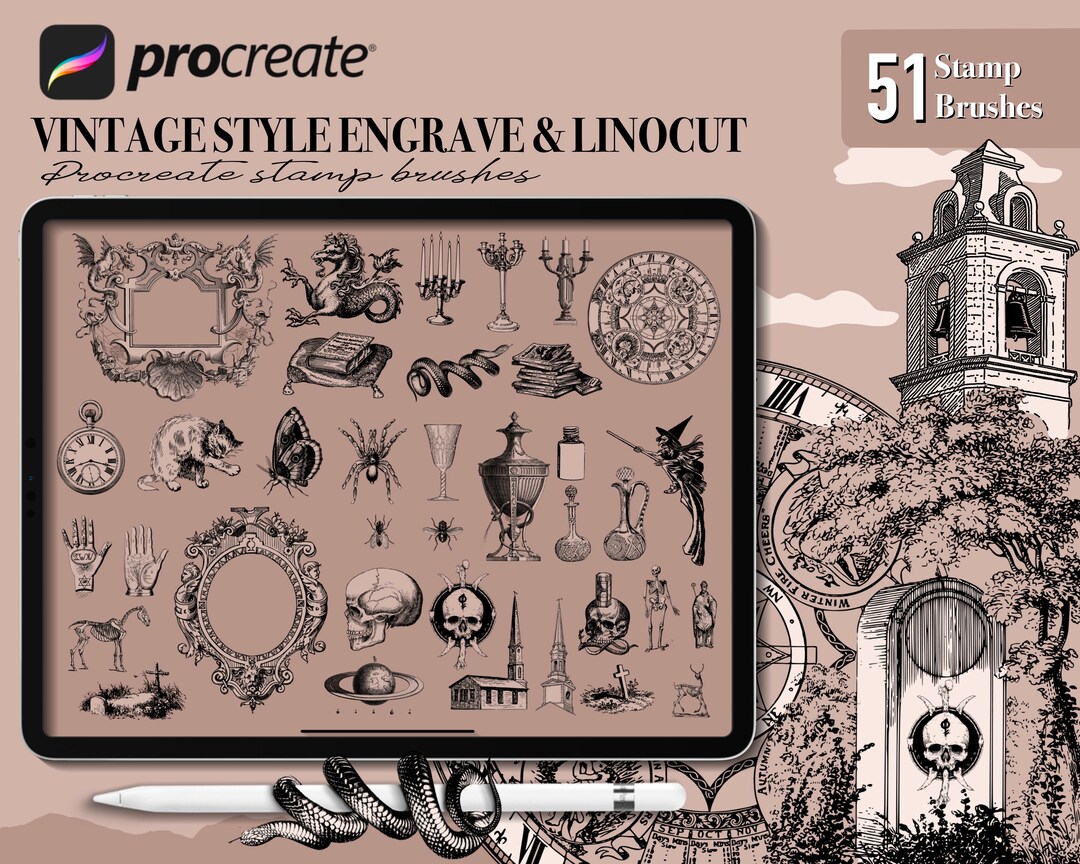 Vintage Style Engraving and Linocut Procreate Stamp Brushes, Vintage Ink Stamps, Ornaments ...