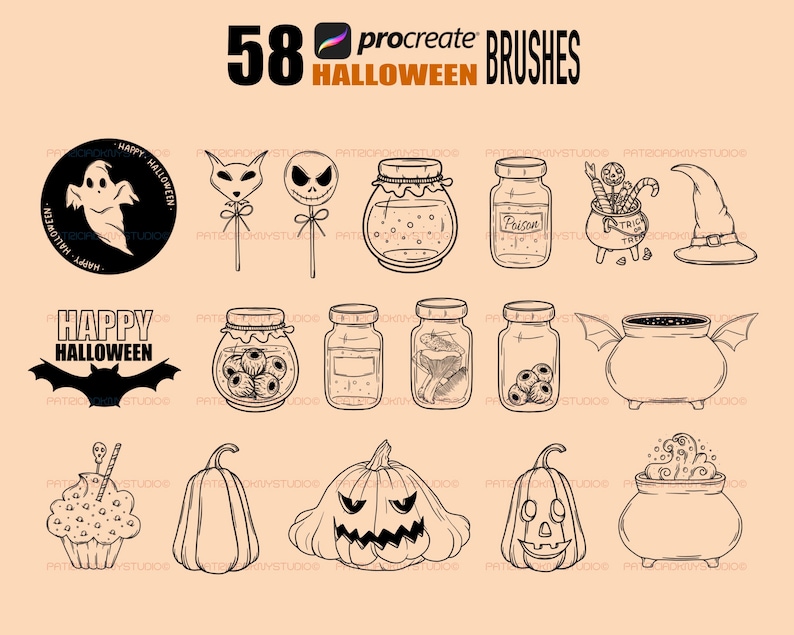 Halloween Procreate Brushes, Halloween Pumpkin Stamps, Spooky Procreate ...
