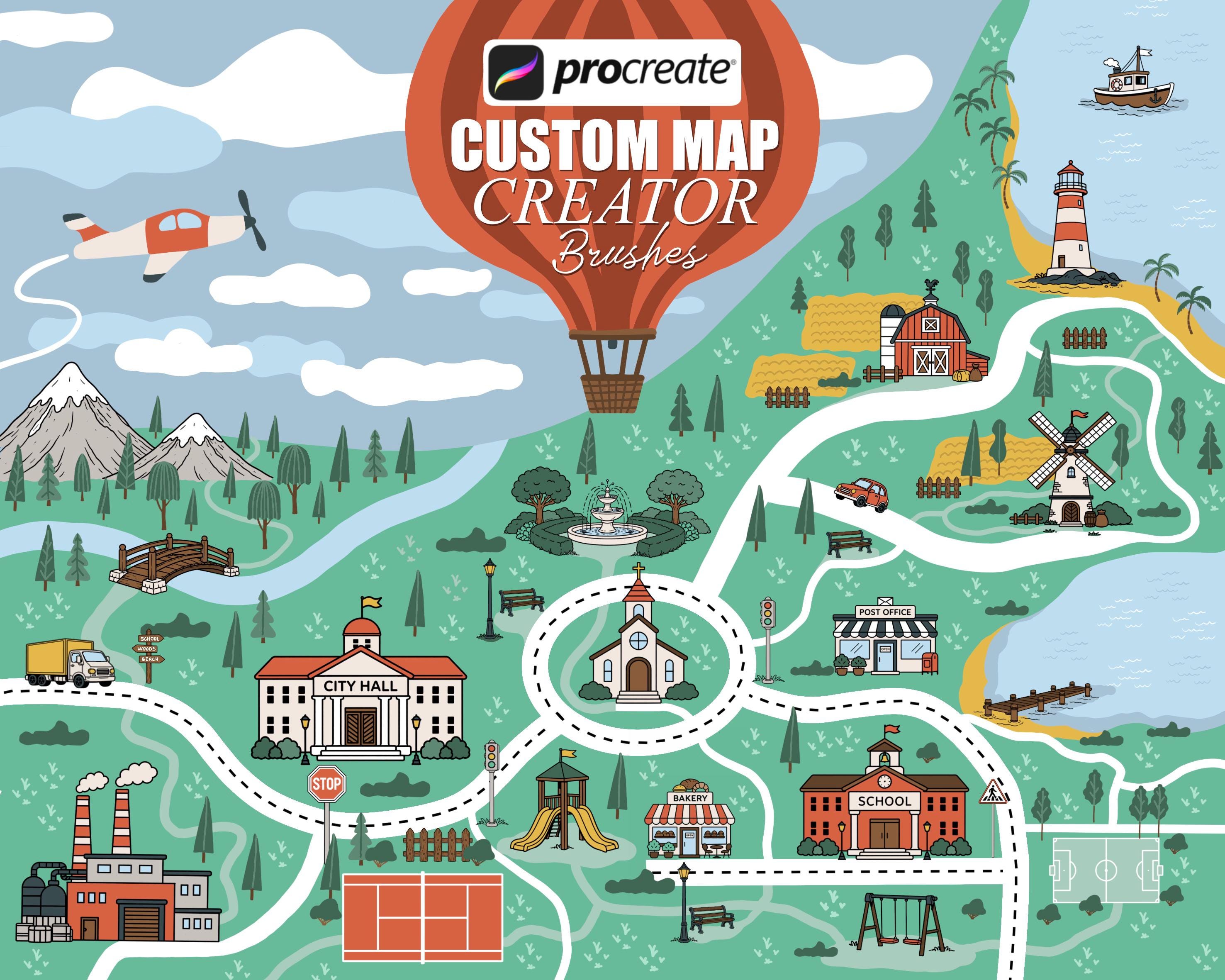 Procreate Map Creator, Cute Little Town Illustration, Fantasy Stamp ...