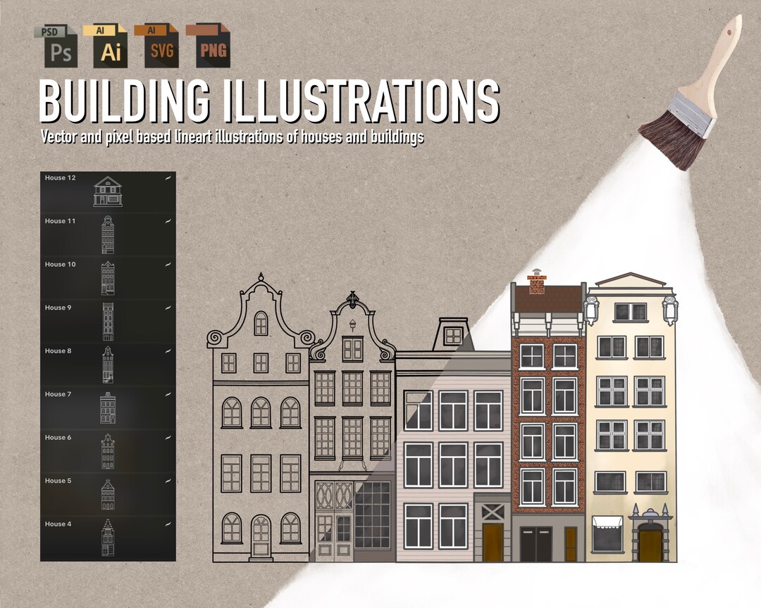 Building Vector Illustrations, Building Photoshop Stamps, House Lineart ...