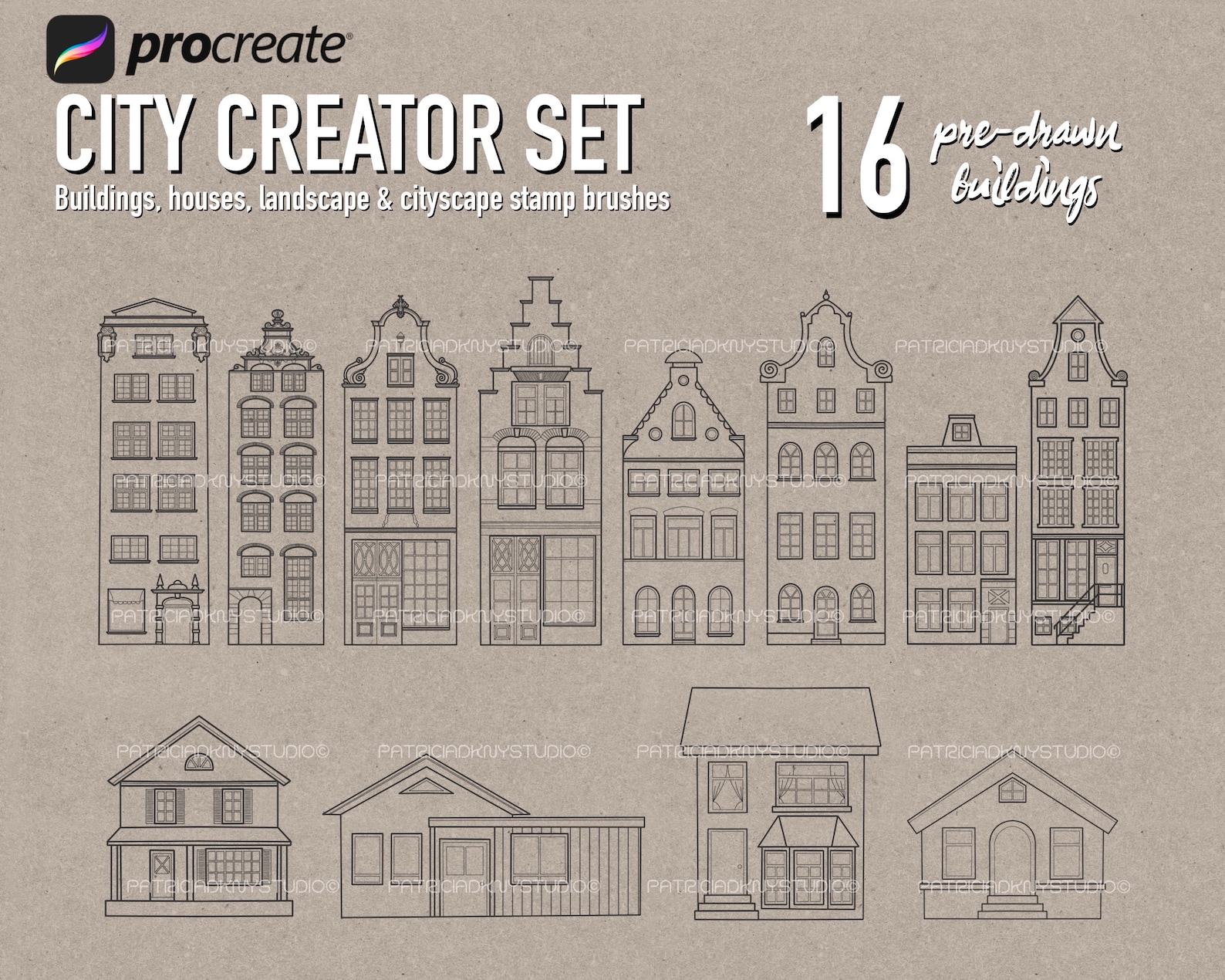 Procreate Brushes, City Creator, Building Stamps, House Lineart Brushes ...