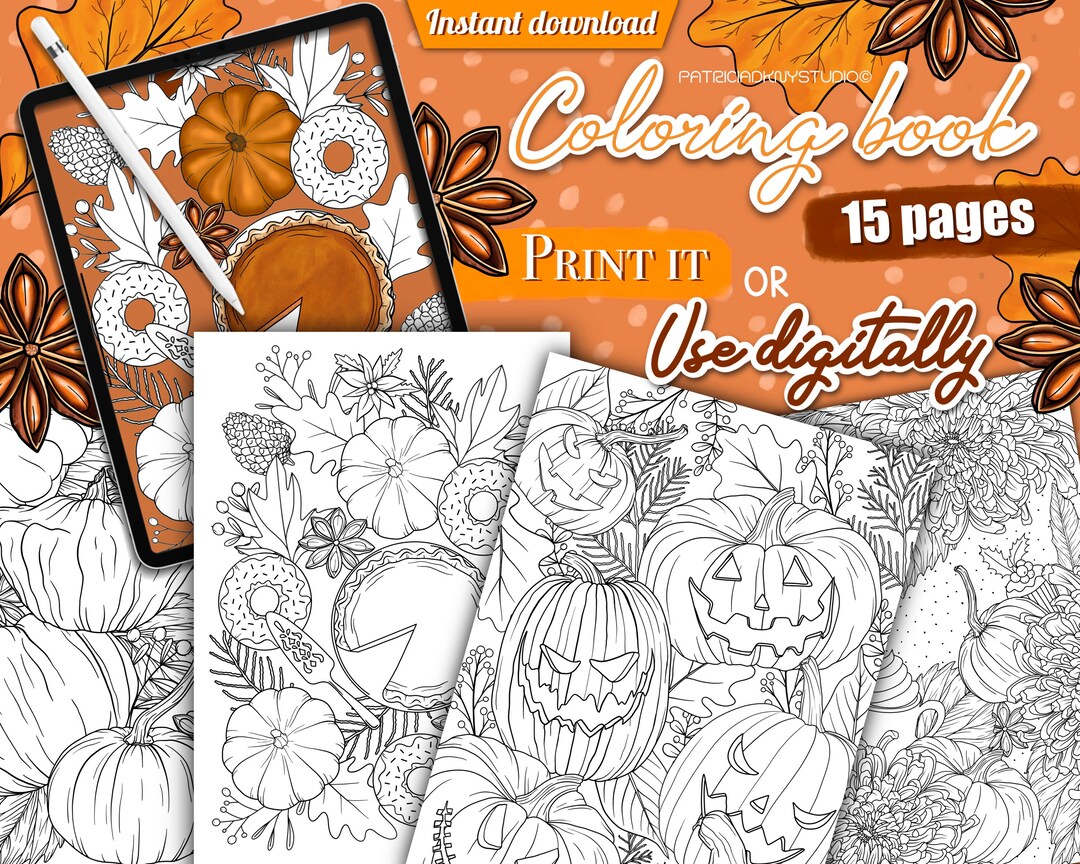 Autumn Themed Coloring Book, Thanksgiving Coloring Pages for Adults ...