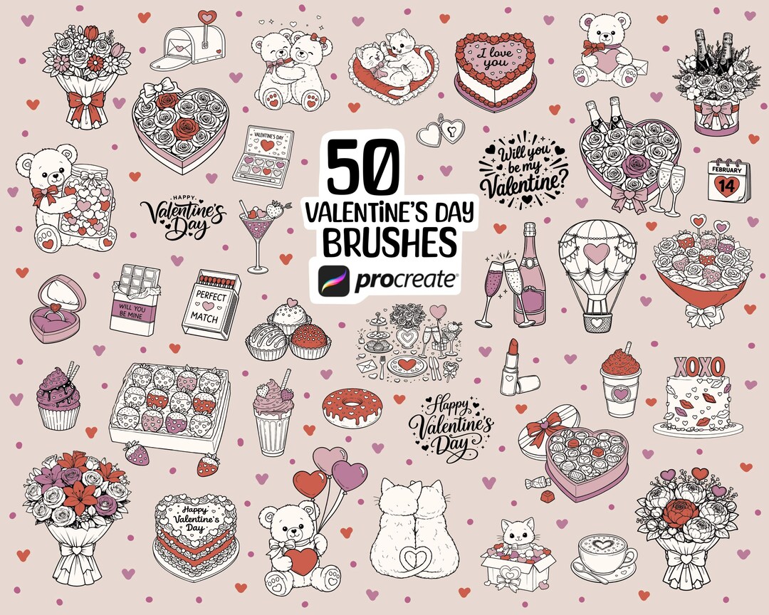Valentine’s Day Procreate Stamp Brushes, Love Themed Line Art ...