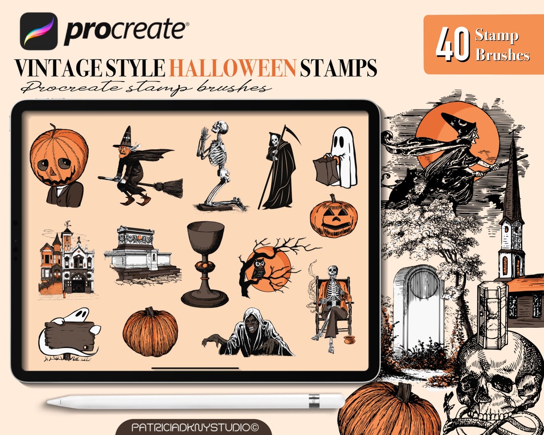 Vintage Style Halloween Procreate Stamp Brushes, Vintage Ink Stamps ...