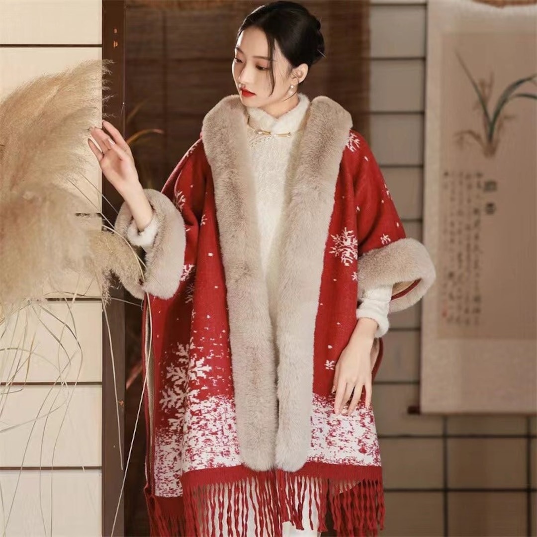 Christmas Hanfu Cloak, Hooded Qipao Cape Coat, Soft Thick Shawl ...