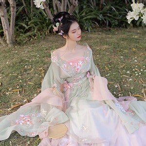 Pink Women Hanfu, Flowers Hanfu Dress, Handmade Hanfu Dress, Modern ...