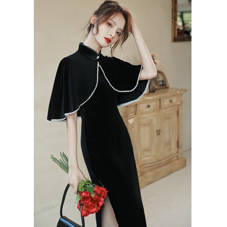 Black Cape Qipao Pearls Cheongsam Dress Chinese Cheongsam - Etsy