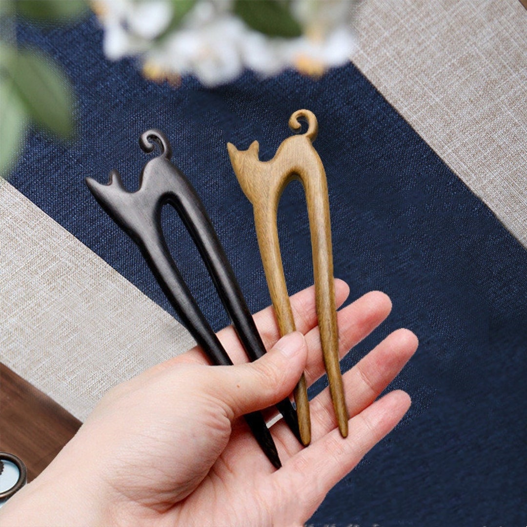 Cat Wooden Handmade Hair Stick, U-shape Wood Hair Pin, Wood Hair Fork ...