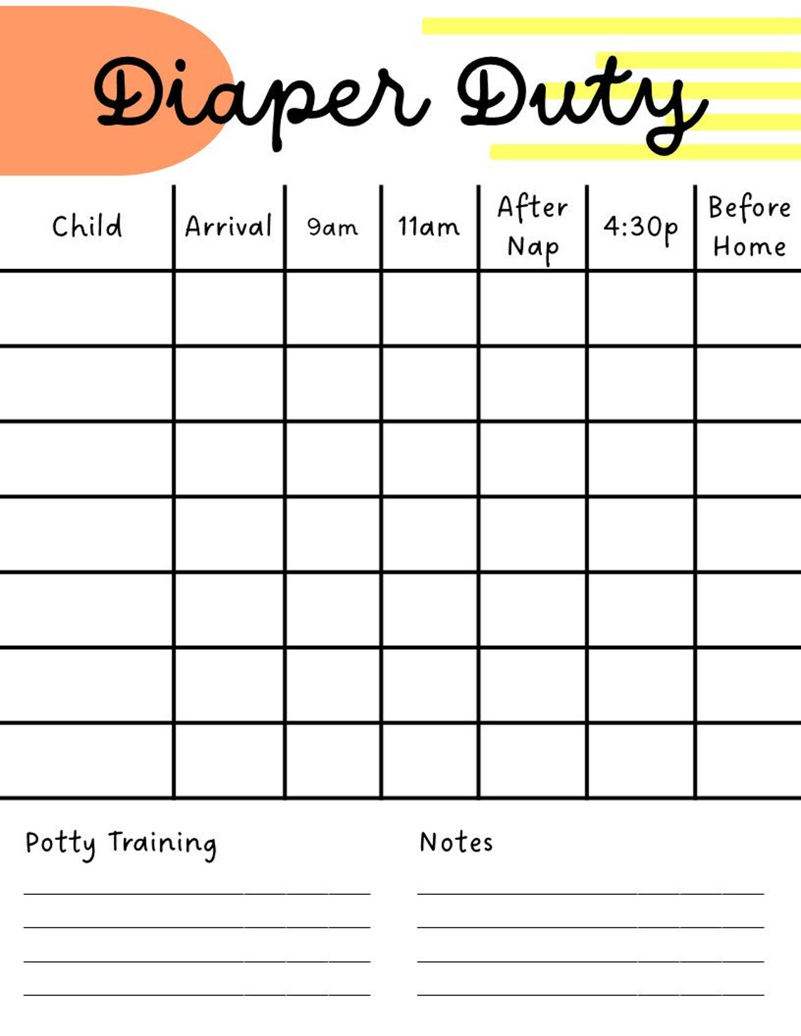 Diaper Tracker Chart- Daycare Childcare Preschool- Potty Chart - Etsy