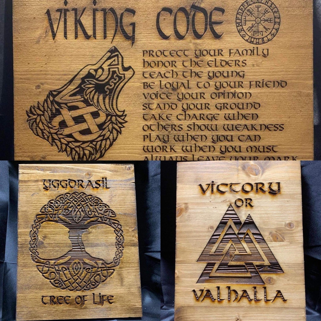 Set of Three, Viking Sign, Collection, Wood Engraved, Norse, Yggdrasil ...