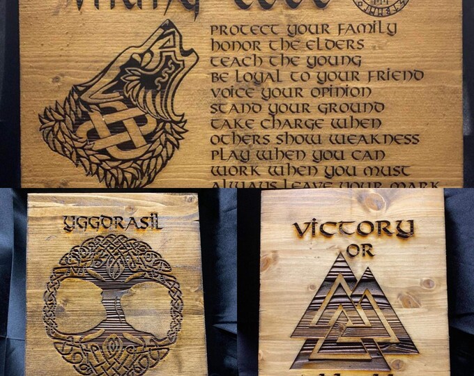 Set of Three, Viking Sign, Collection, Wood Engraved, Norse, Yggdrasil ...