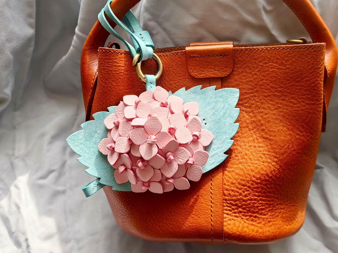 Leather 3D Pink Hydrangea Bag Charm: Flower Accessories Purse Pendant ...