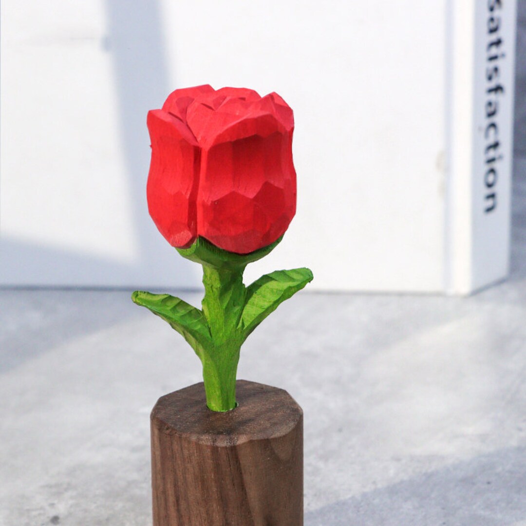 Handmade Basswood Red Rose: Carved Wooden Flower Ornament - Etsy