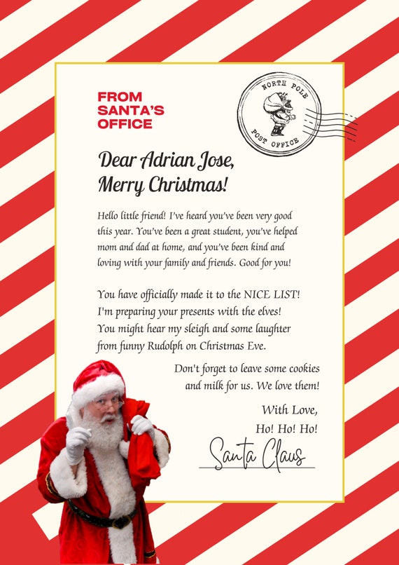 Personalized Letter From Santa Claus Nice List Certificate English and Spanish Etsy