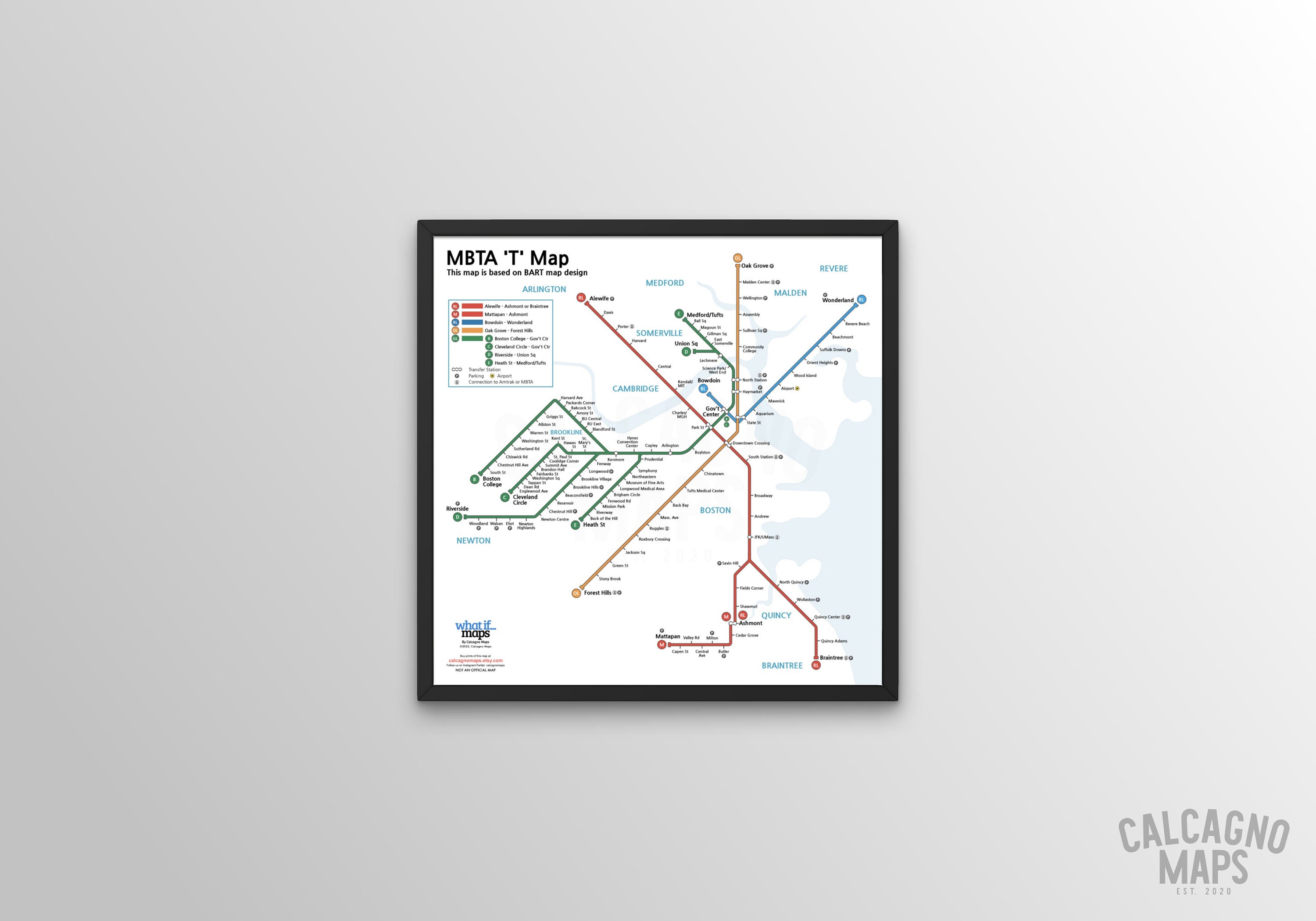 Boston T Map Based on BART Map Design (16"x16") 2 Options - Etsy
