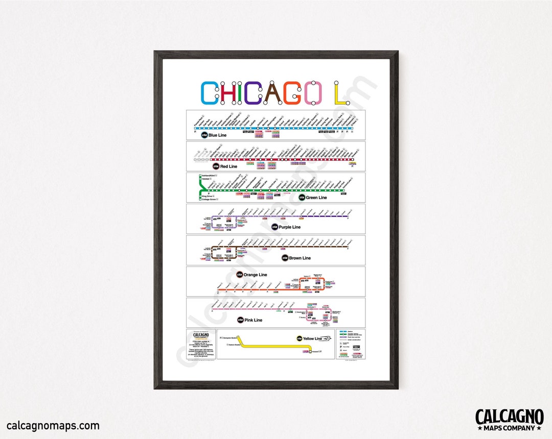 Chicago 'L' Car Card Maps - All 8 Lines in 1 Poster! - Etsy