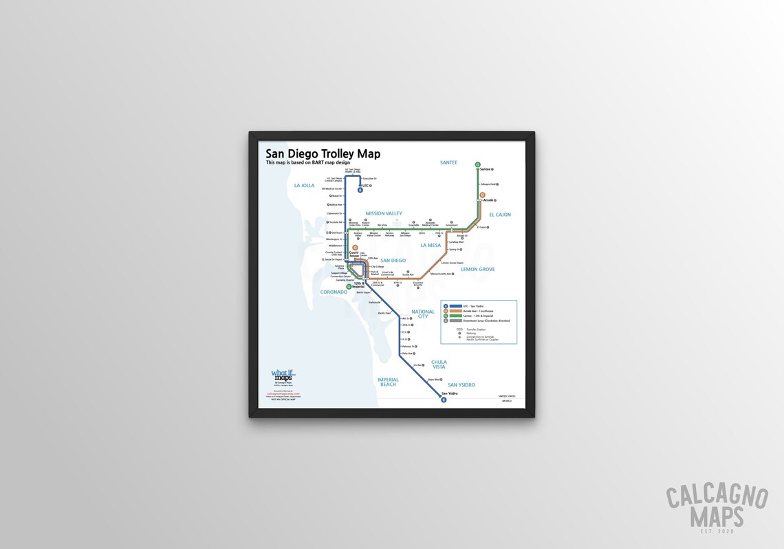 San Diego Trolley Map Based on BART Map Design (16"x16") - Etsy