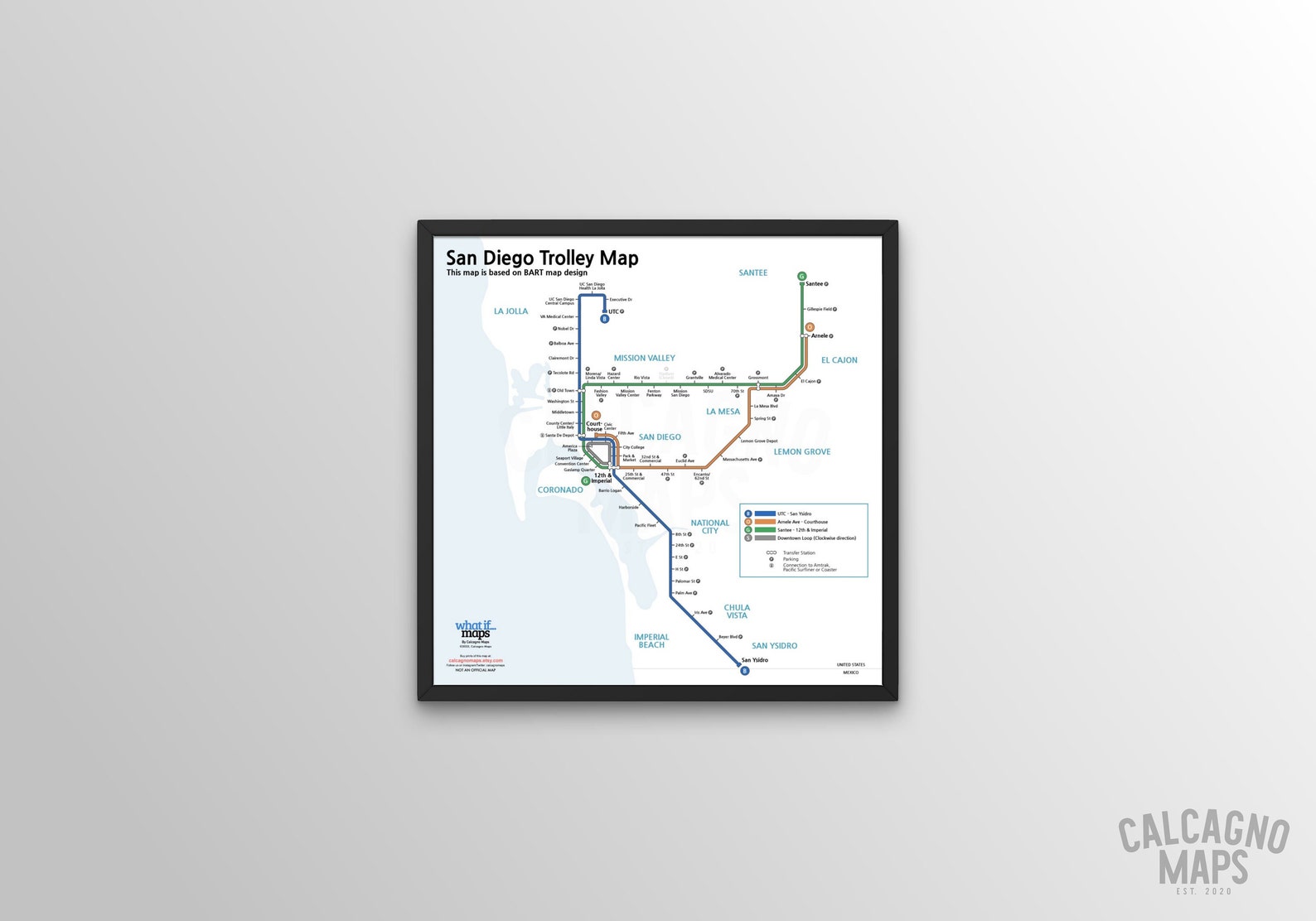 San Diego Trolley Map Based on BART Map Design 16x16 - Etsy