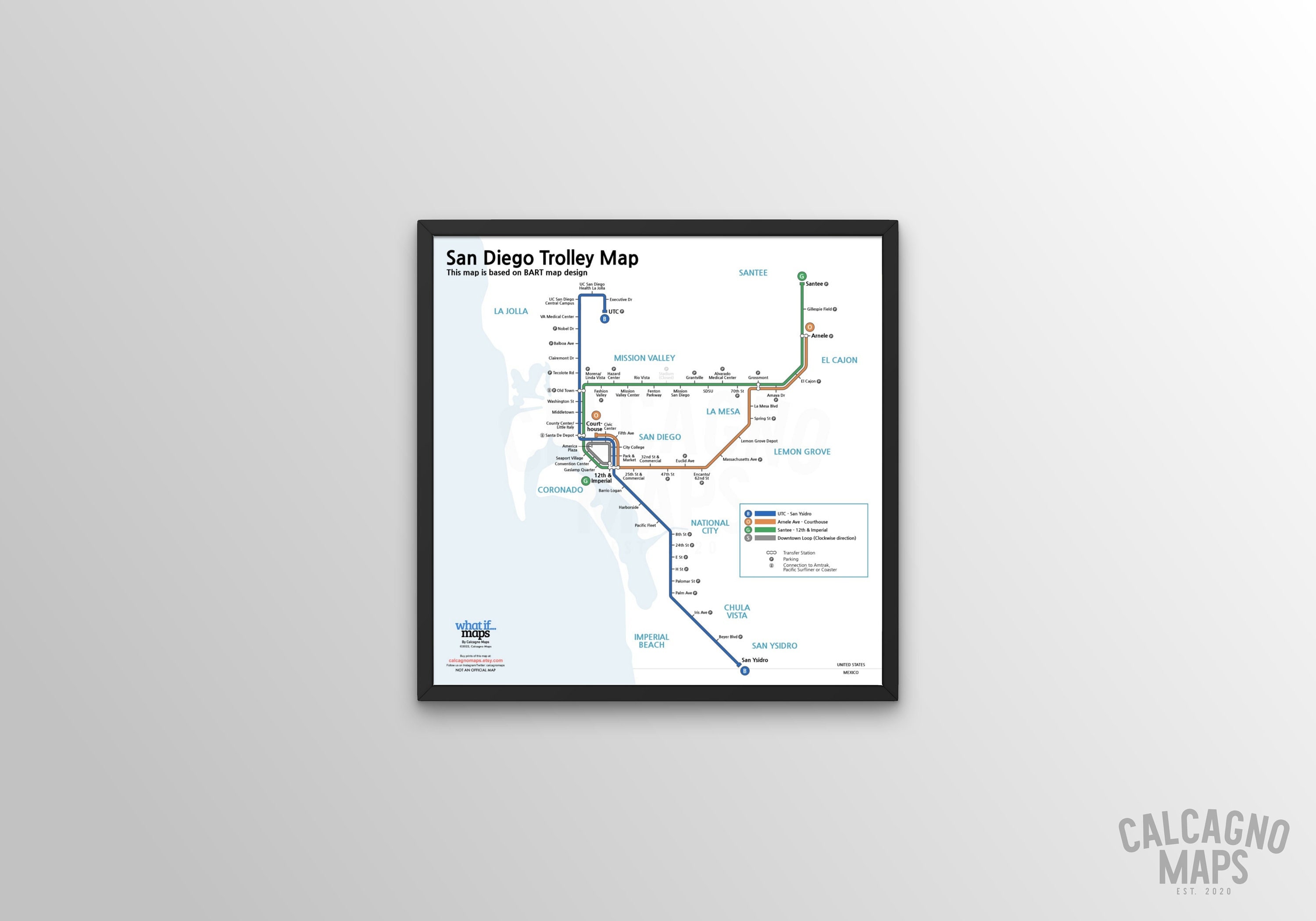 San Diego Trolley Map Based on BART Map Design (16"x16") - Etsy