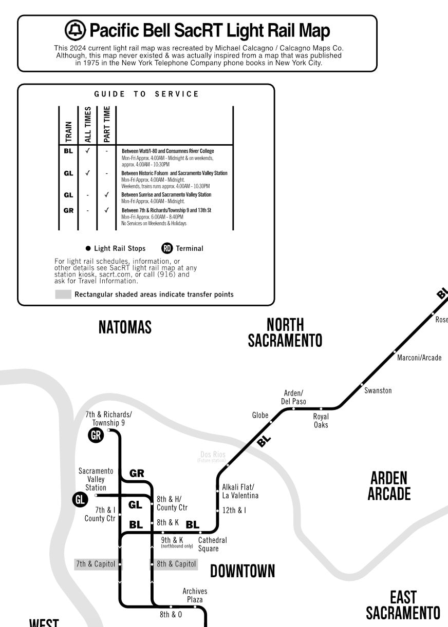 Sacramento Light Rail Map in the Style of the 1970s New York Telephone ...
