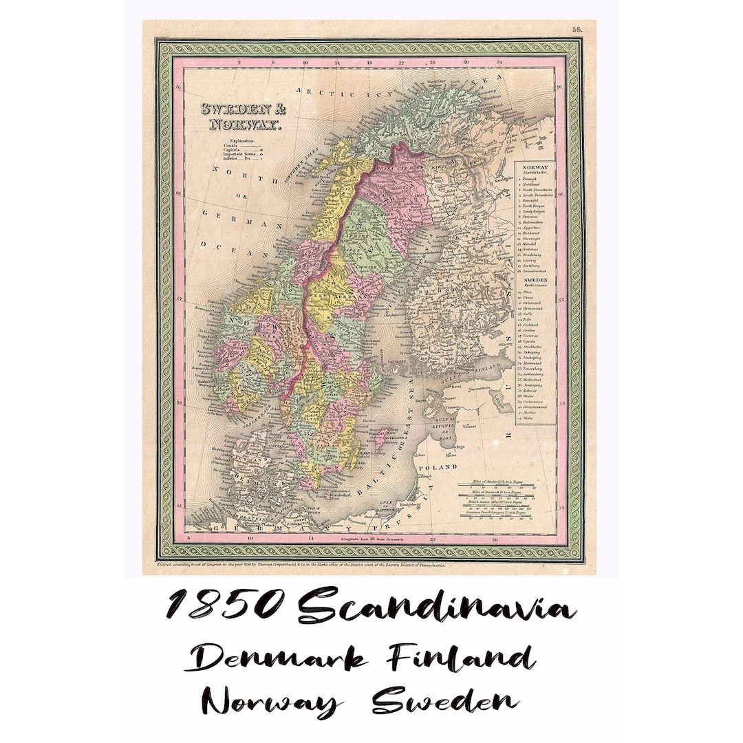 Vintage 1850 Map of Scandinavia: Large Format 4800x7200 Pixels, 200 Dpi ...