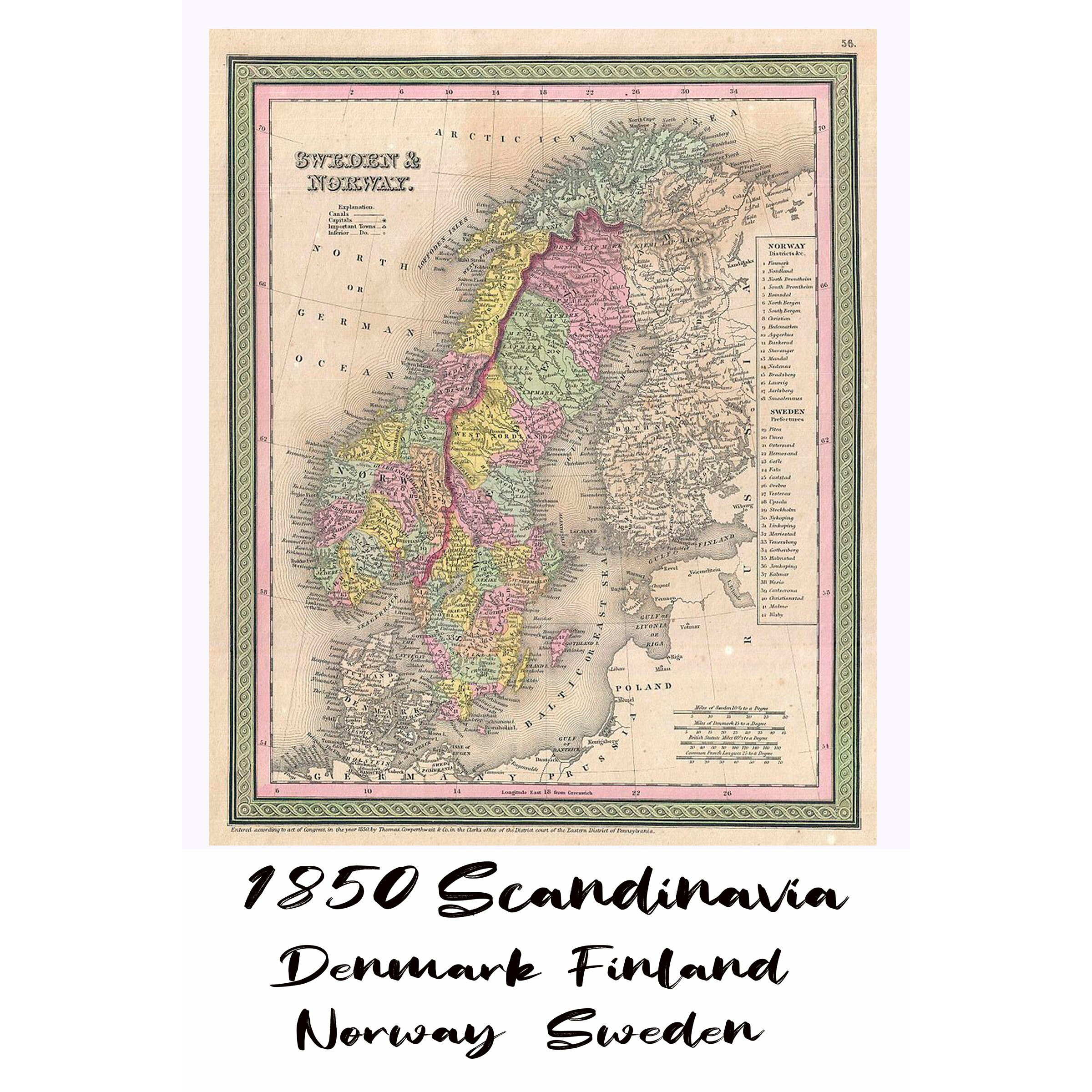 Vintage 1850 Map of Scandinavia: Large Format 4800x7200 Pixels, 200 Dpi ...