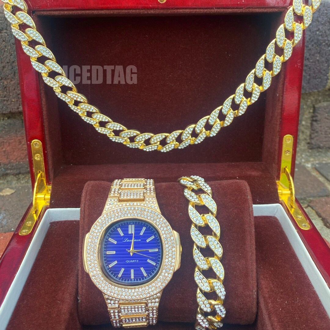 Heavy Metal Gold PT Blue Luxury Statement CZ Iced Diamond Mens Watch ...