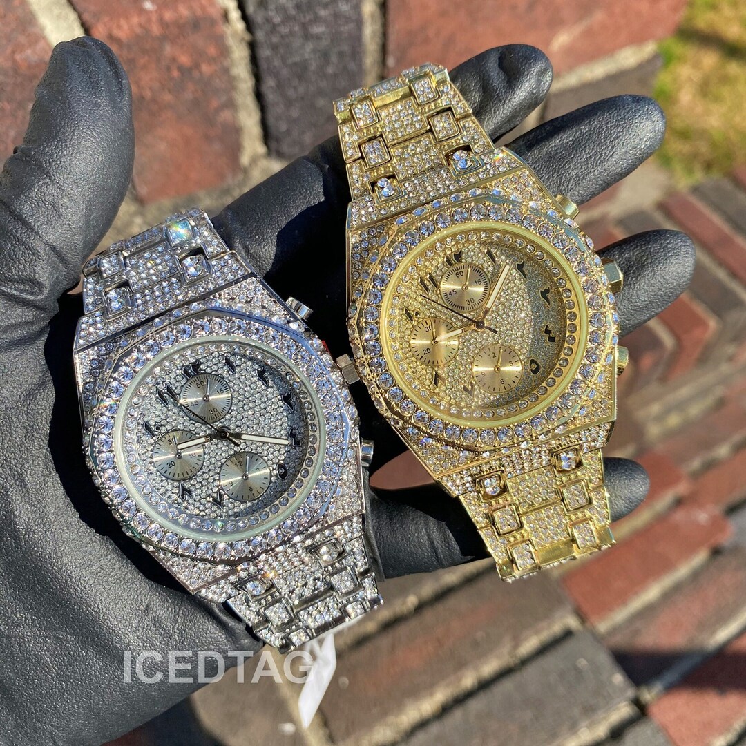 Iced Bling Out Hip Hop Full Ice Flooded Octagon Bezel Quartz Movement Style Full Ice Busted ...