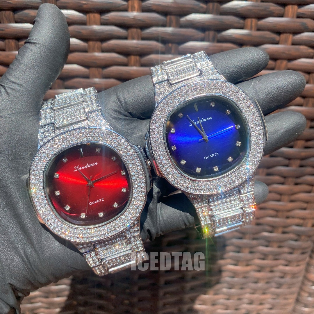 Mens Bling Icy Ice Out Red, Blue Dial Hip Hop Heavy Luxury Quartz ...