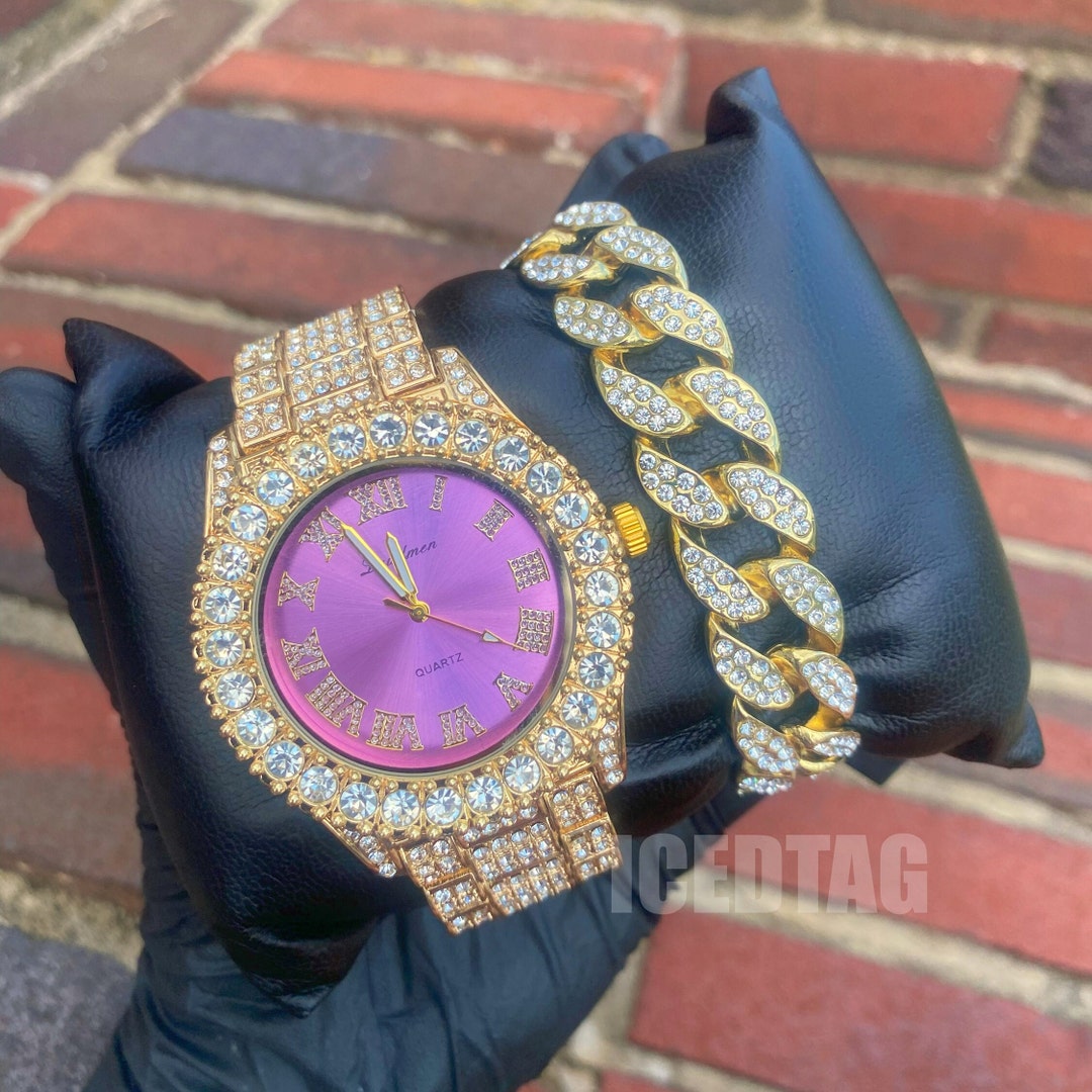 Unisex Iced Out Puple Dial Hip Hop Luxury Stylish Quartz Movement Style ...