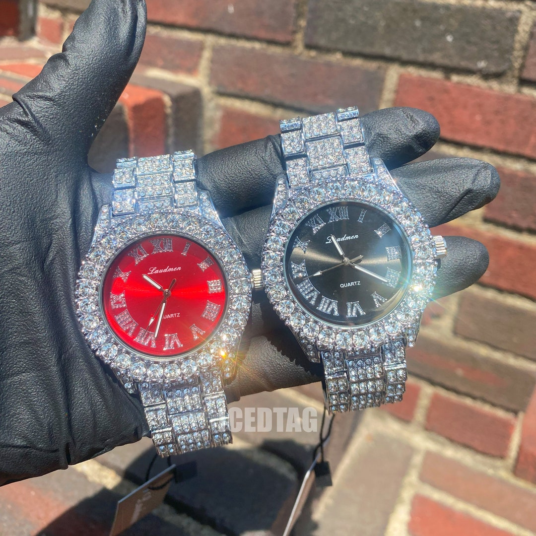 Mens Iced Out Black Red Dial Hip Hop Party Rap Round Shaped White Gold ...