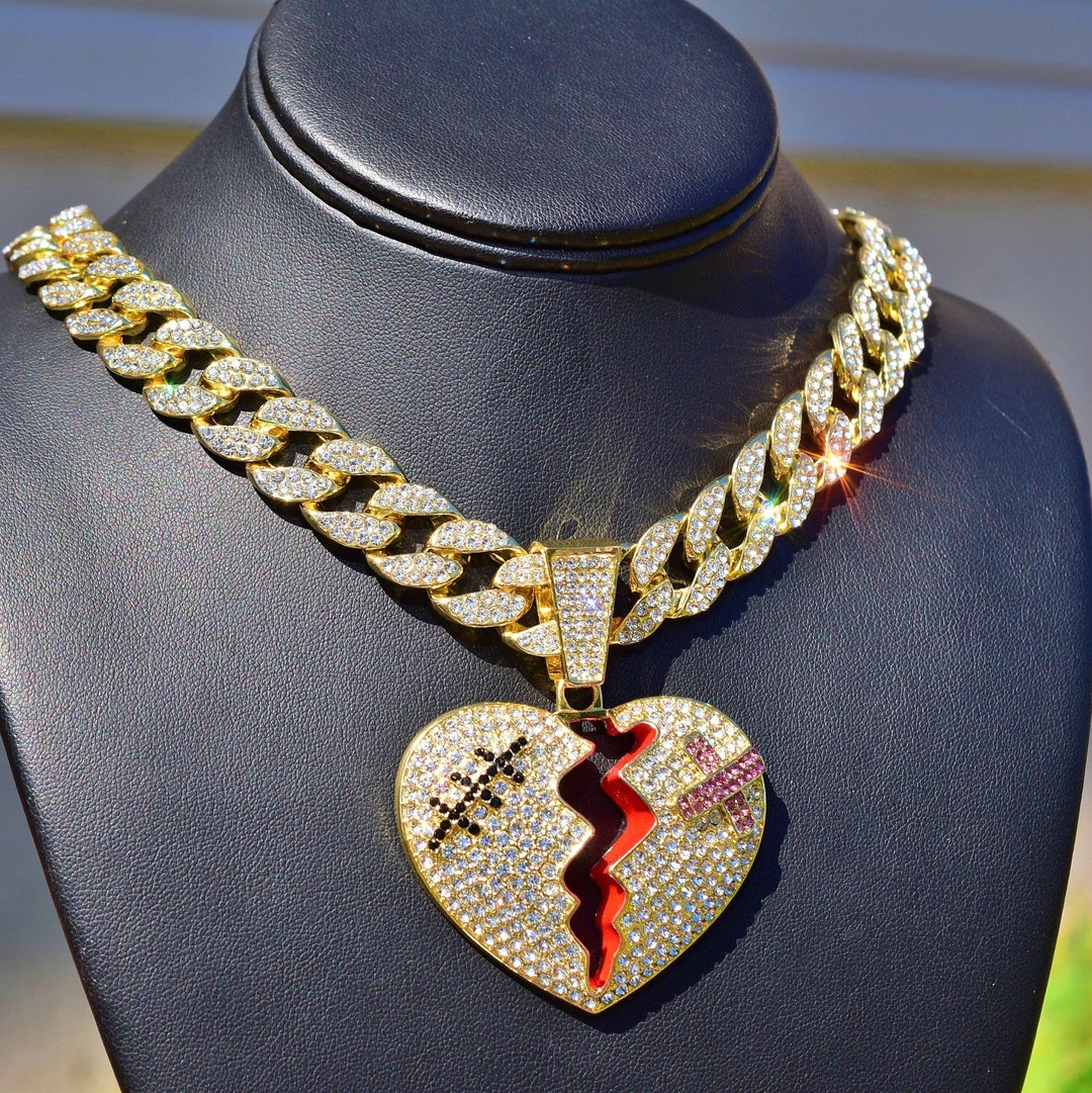 Full Iced Icey Out Hip Hop Style Jumbo Gold PT Banded Broken Heart CZ ...