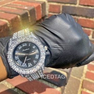 Mens Iced Out Black Red Dial Hip Hop Party Rap Round Shaped White Gold ...