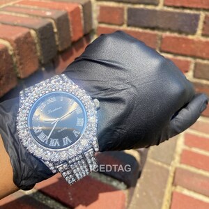 Mens Iced Out Black Red Dial Hip Hop Party Rap Round Shaped White Gold ...