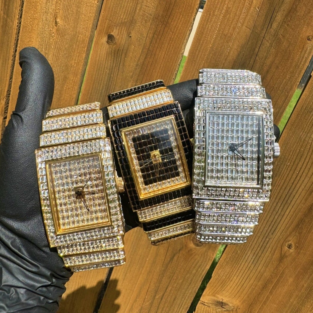 Men's Iced Bling-ed Out Full Baguette Diamond Band White Gold PT Hip Hop Rectangle Luxury Full ...