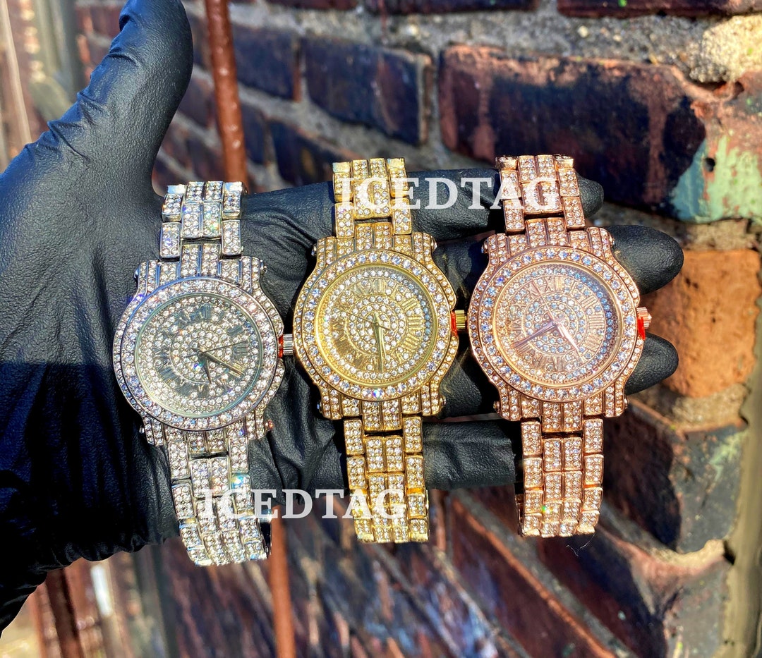 Iced Out Gold/ White Gold/ Rose Gold Color Dial Hip Hop Round Shaped ...