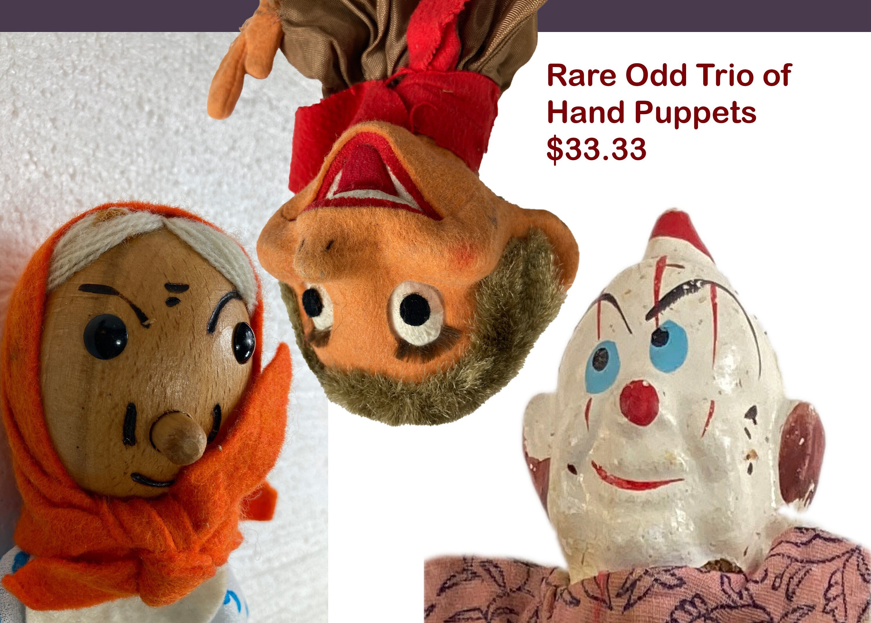 Trio of Hand Puppets Rare Odd Vintage Dracula, Clown, and Beady-eyed ...