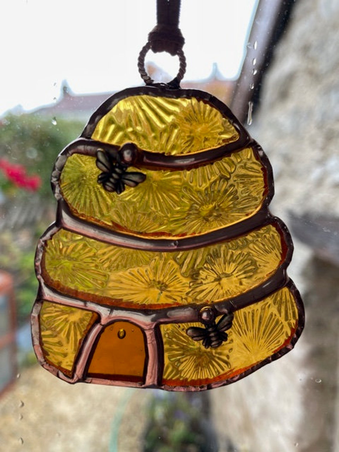 Stained glass beehive suncatcher with bronze honey bees | Etsy