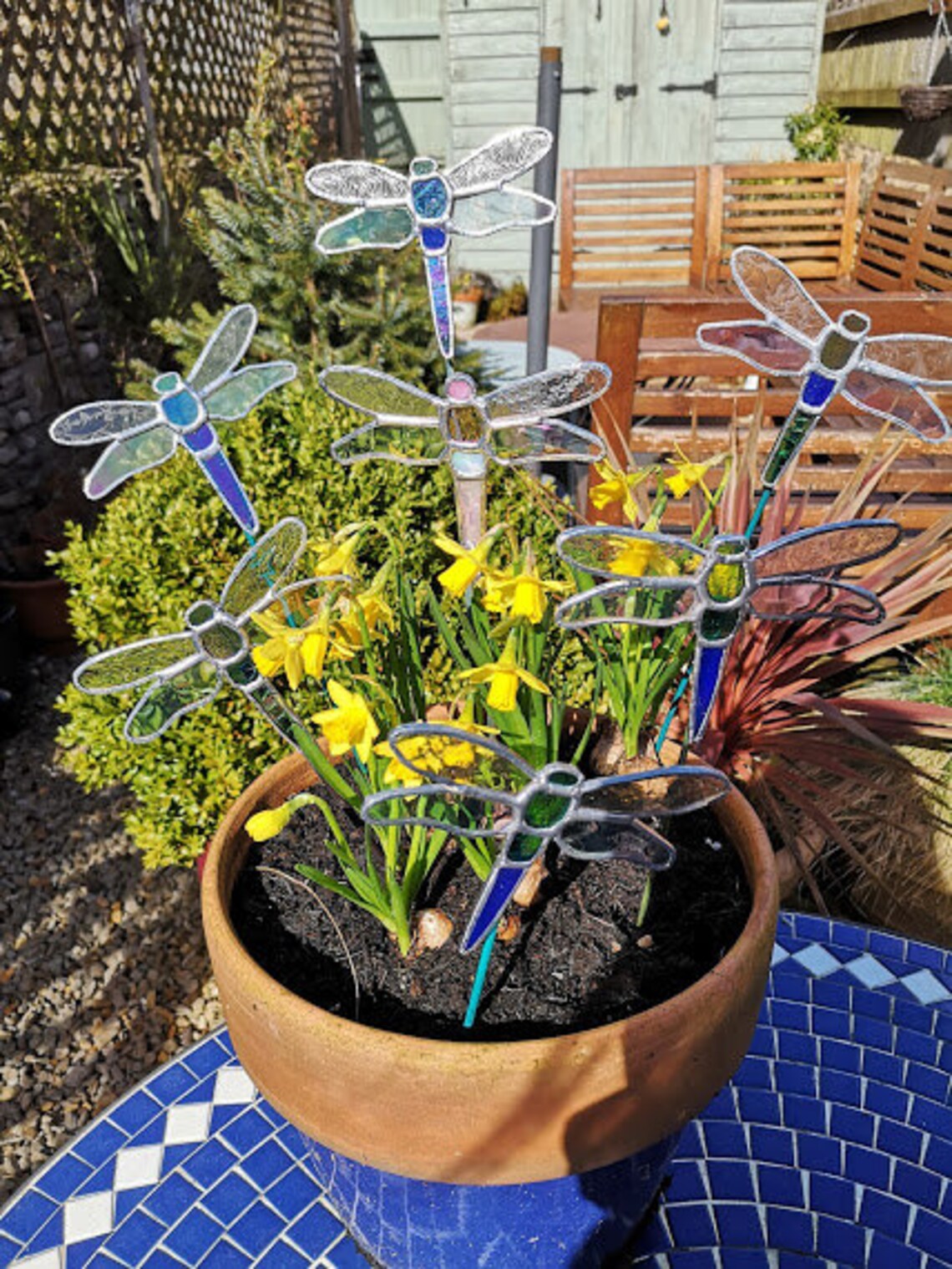 Stained Glass Dragonfly garden planters | Etsy