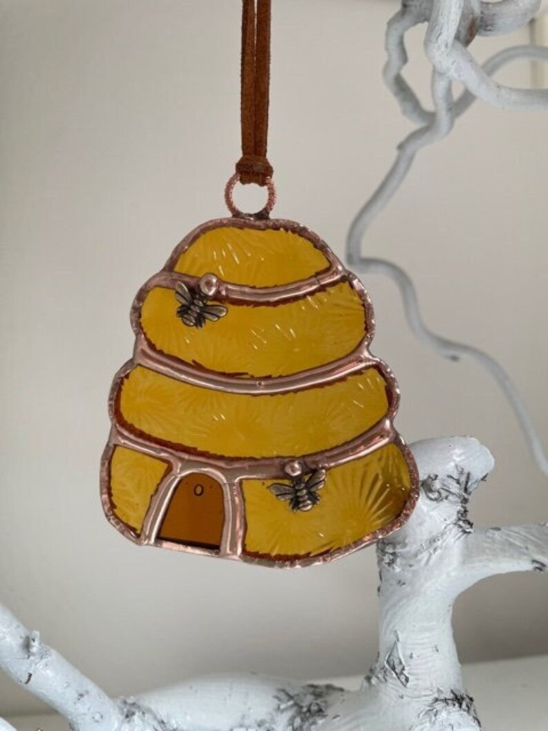Stained Glass Beehive Suncatcher With Bronze Honey Bees - Etsy