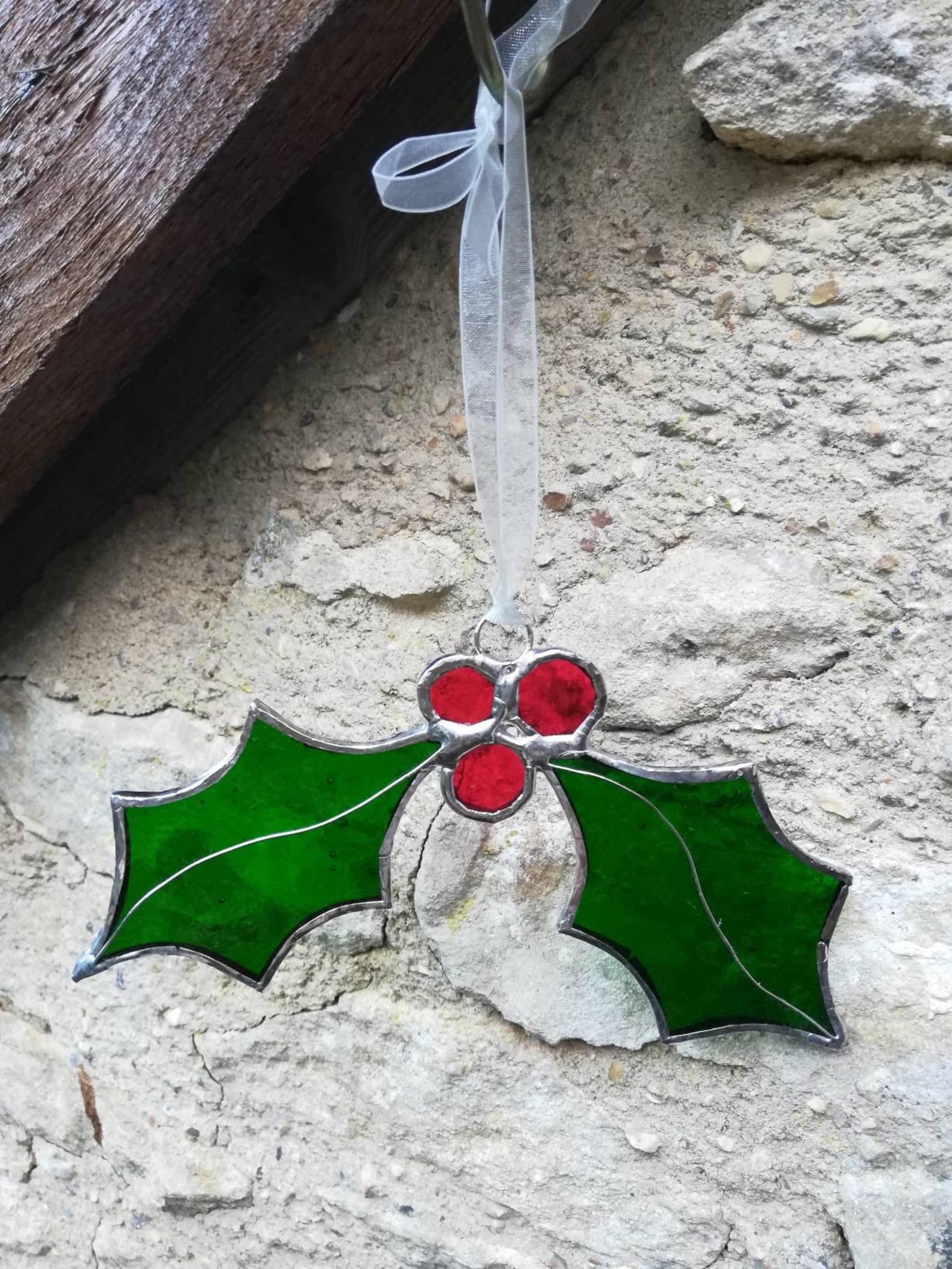 Stained Glass Holly Christmas Decoration: Handmade Silver Edged ...